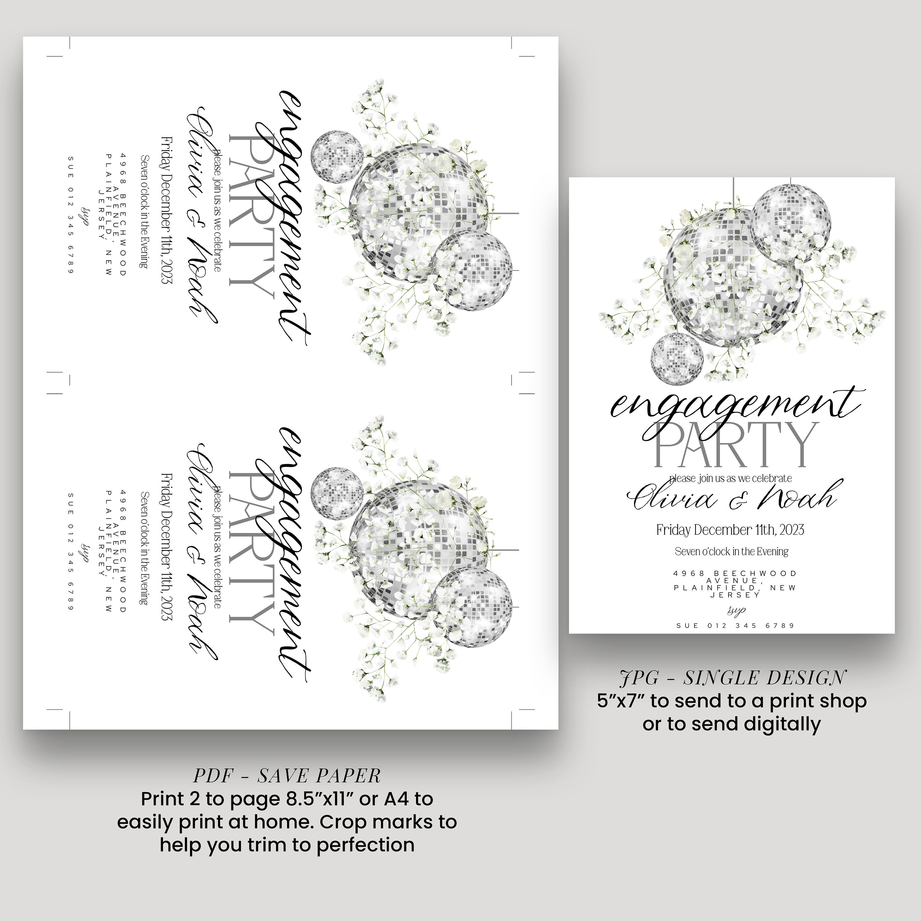 Editable Glitter Ball and Gypsophilia Engagement Party Invitation ...