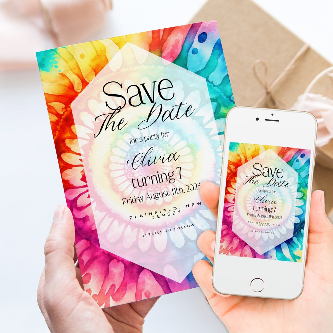 Editable Tie Dye Save the Date Invitations Festival Tie Dye Save the ...