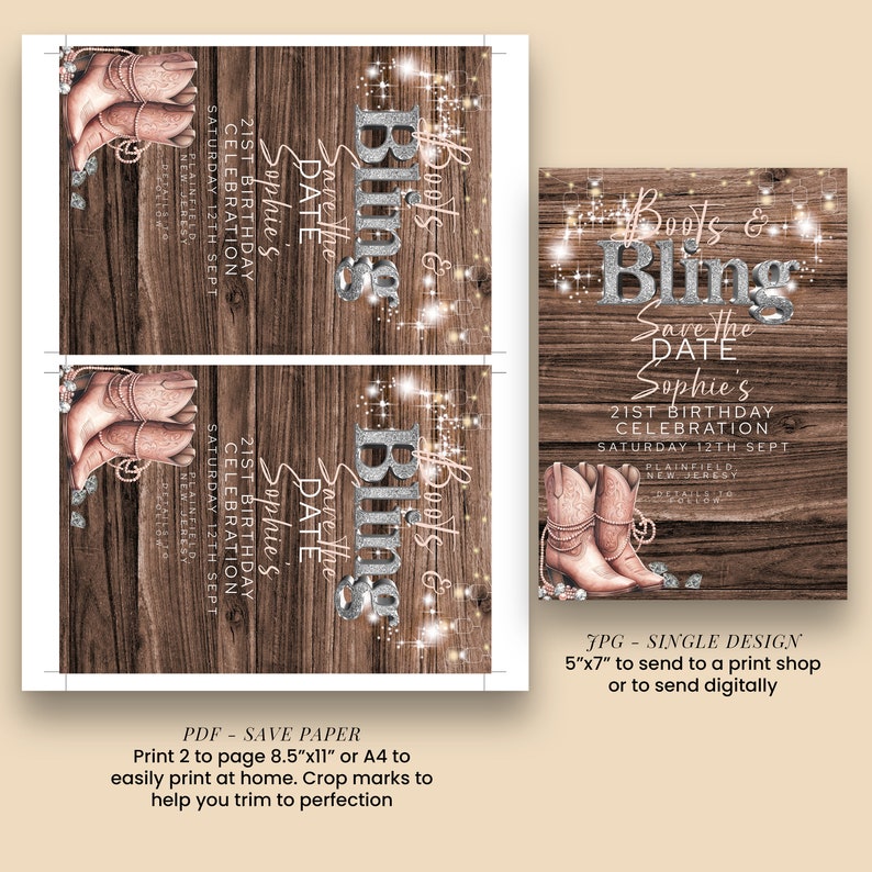 Editable Rustic Cowgirl Birthday Invitation, Printable Rose Gold Boots Bling Birthday Invitation ...