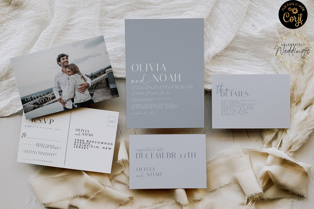 Wedding Invitation Template Dusty Blue Set Simple Modern Printable ...