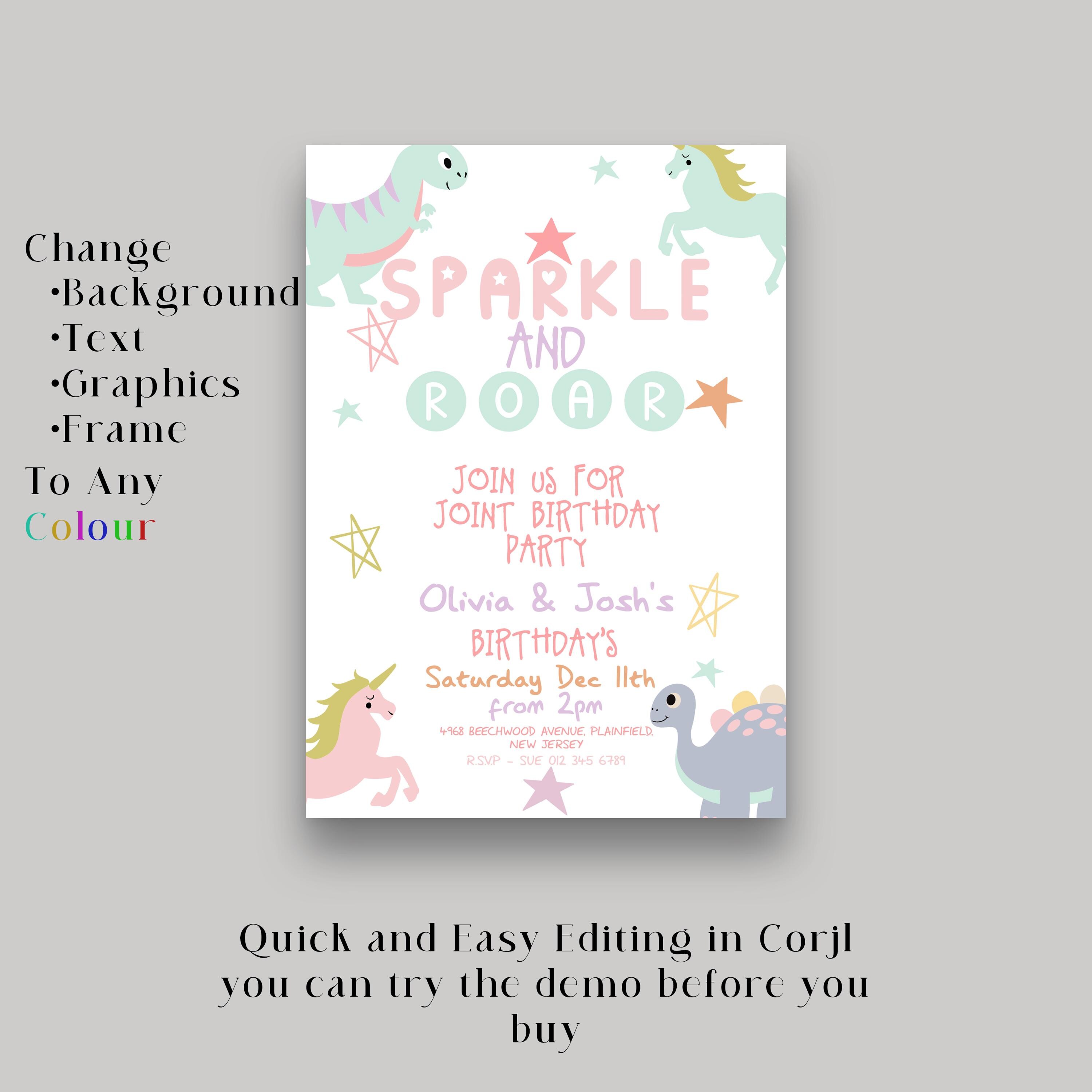 Editable Joint Unicorn and Dinosaur Birthday Invitation, Sparkle and ...