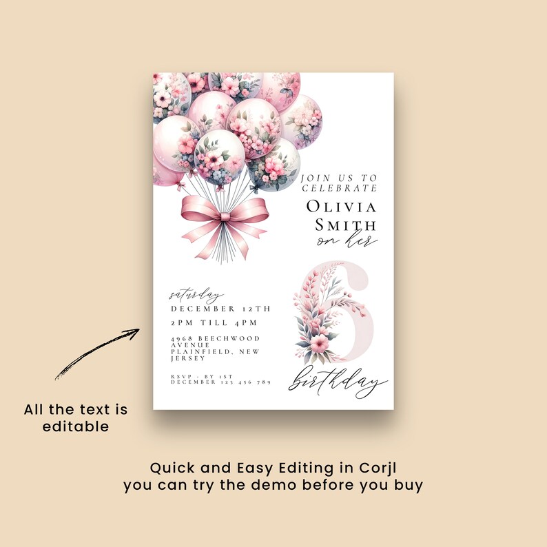 Editable Whimsical 6th Birthday Invitation Pink Balloons Printable Six ...