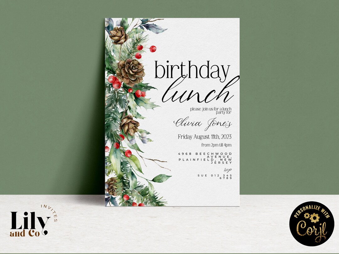 Christmas Birthday Lunch Invitation Winter Invite Template All Text ...