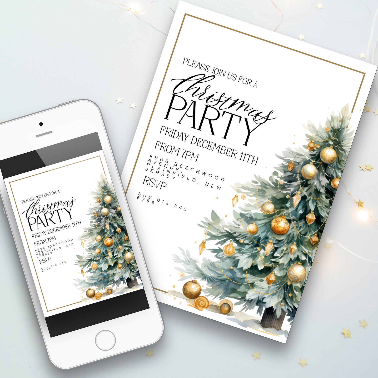 Gold Christmas Tree Party Invitation Editable Template Party - Etsy