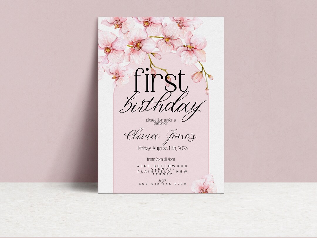Pink Orchid First Birthday Invitation Tropical Spring Invite Template ...