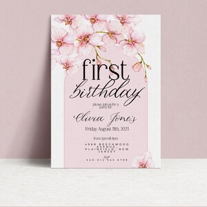 Pink Orchid First Birthday Invitation Tropical Spring Invite Template ...