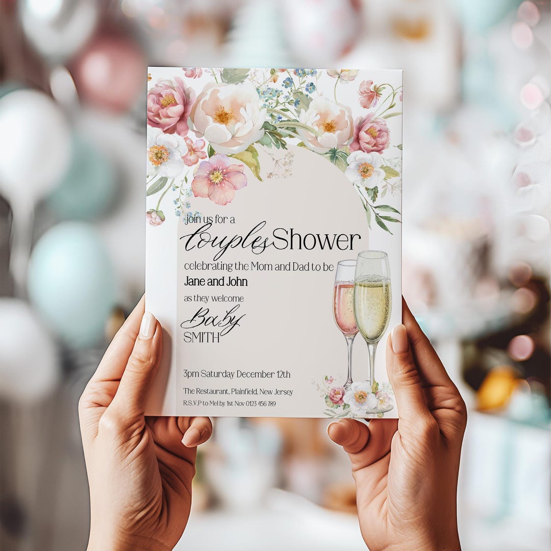 Couples Baby Shower Invitation Template Champagne Flowers Editable ...
