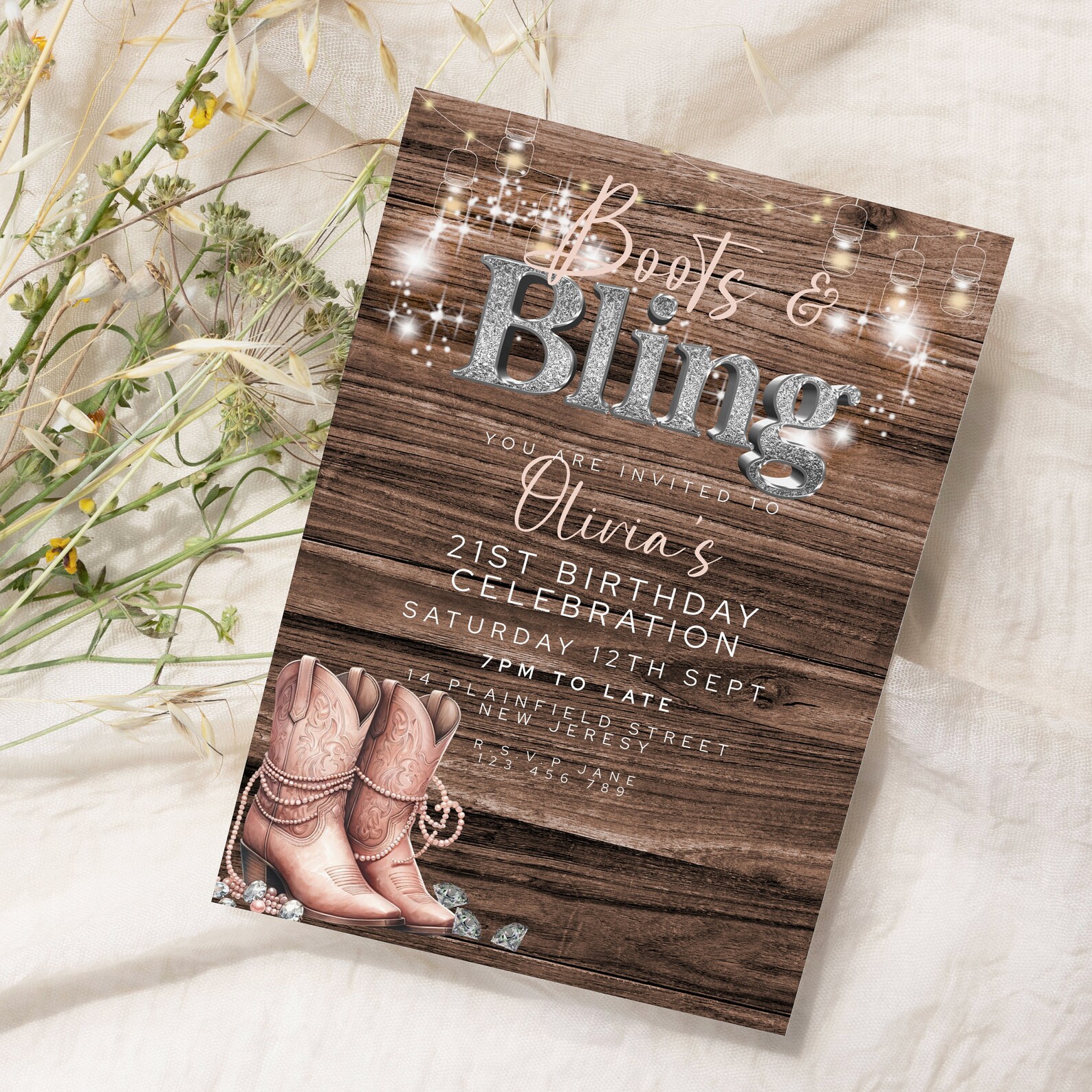 Editable Rustic Cowgirl Birthday Invitation, Printable Rose Gold Boots ...