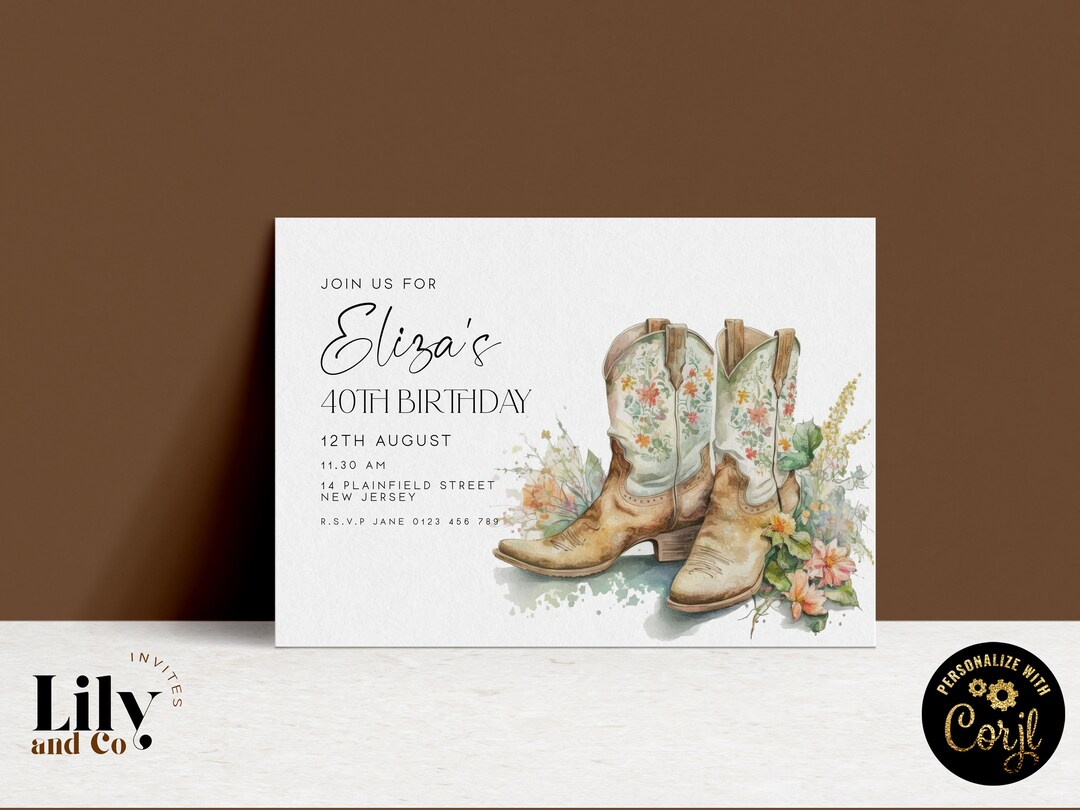 Botas de vaquero invitación fiesta de cumpleaños floral plantilla ...