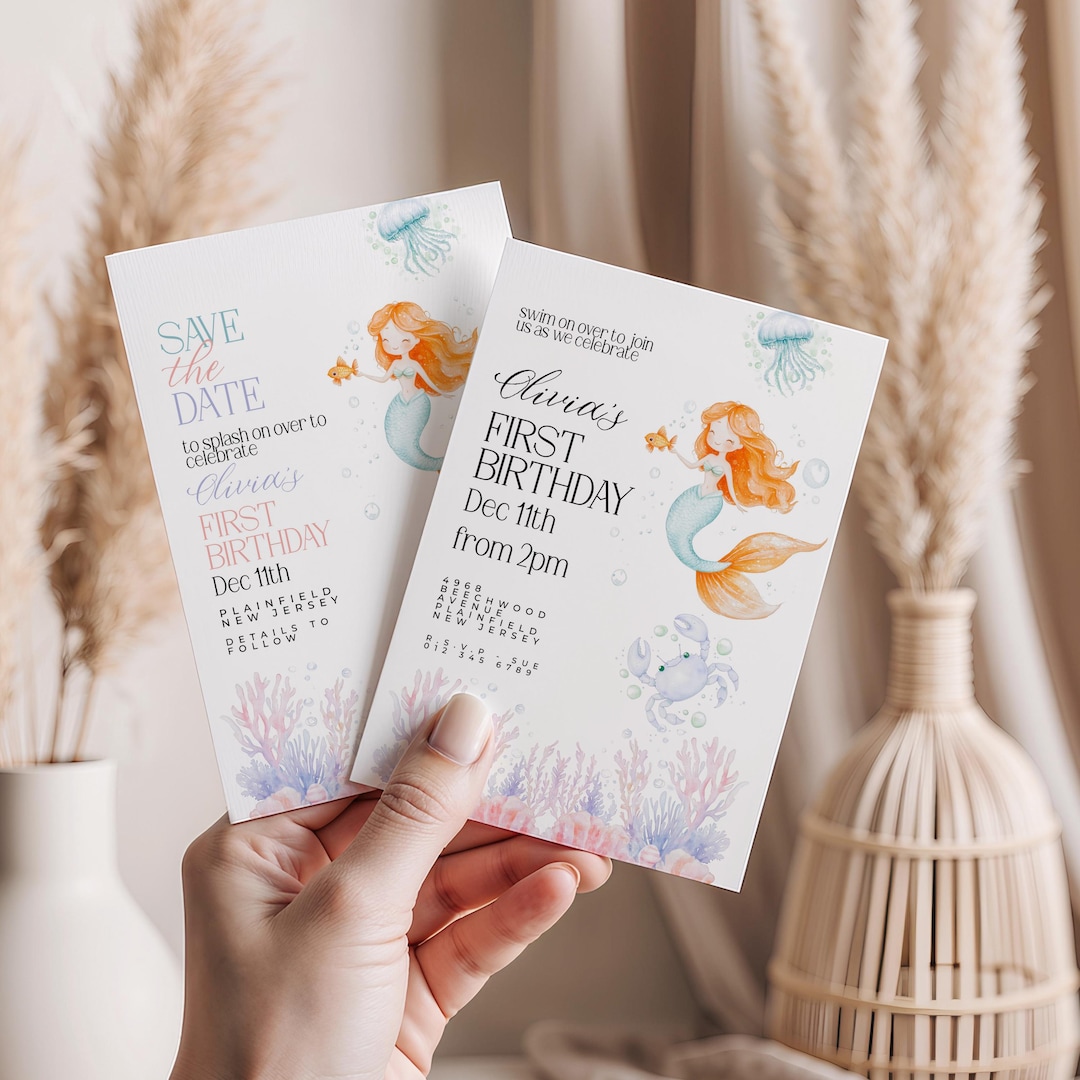 Mermaid First Birthday Invitation & Save the Date, Editable Under the ...