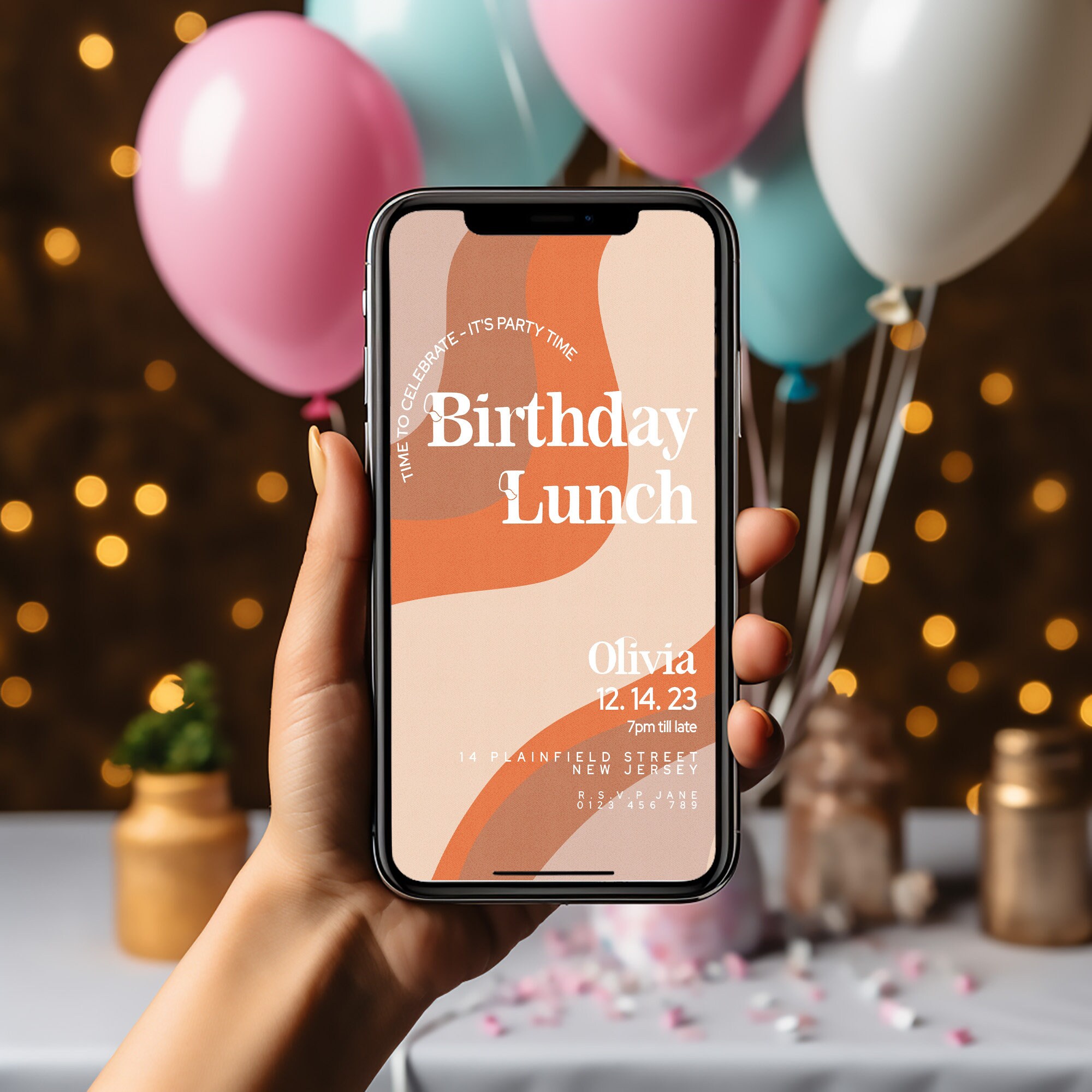 Editable Mobile Birthday Lunch Invitations Modern Retro Lunch Digital ...