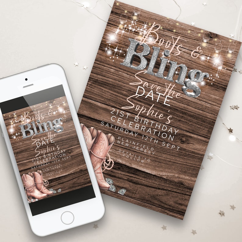 Editable Rustic Cowgirl Birthday Invitation, Printable Rose Gold Boots Bling Birthday Invitation ...