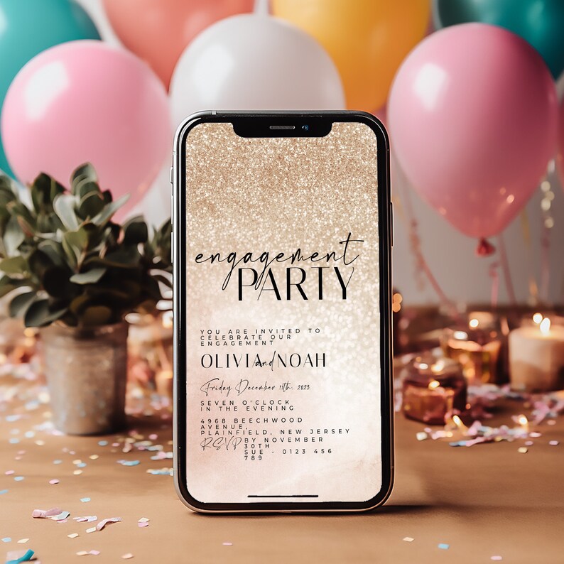Mobile Engagement Party Invitation Electronic Template Simple Glitter ...