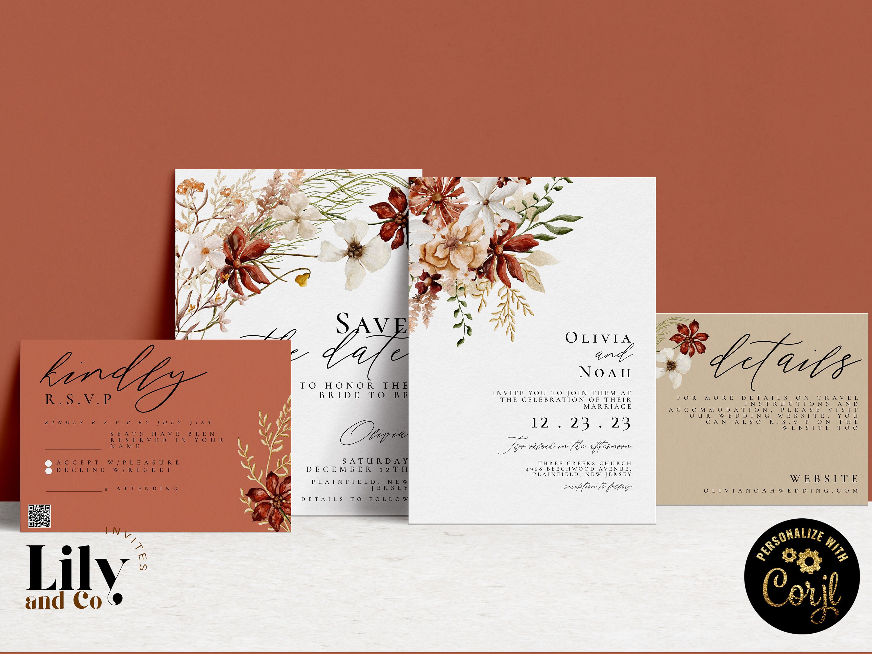 Terracotta Wedding Invitation Template Set Boho Floral Wedding Invite ...