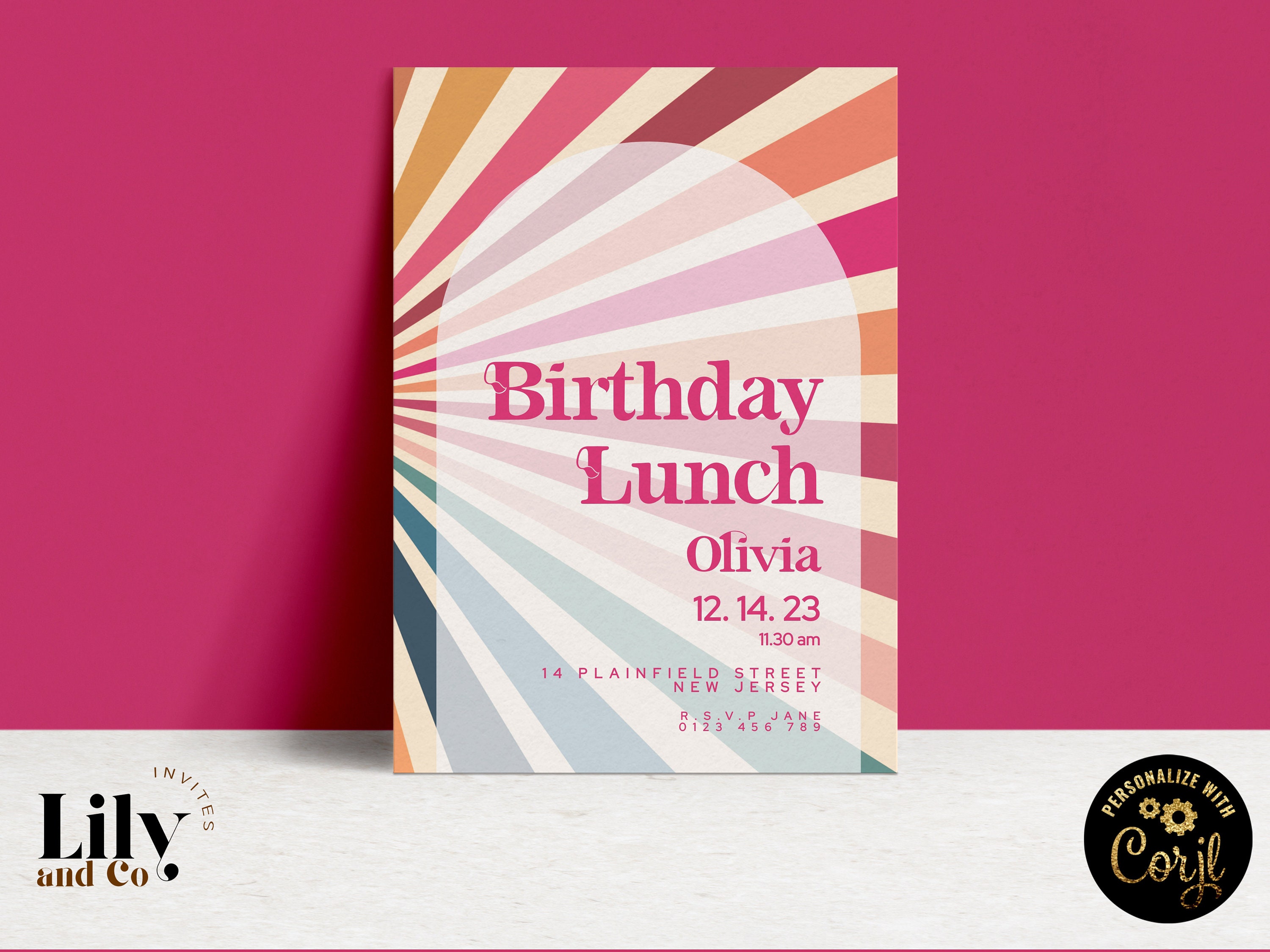 Pink Retro Rainbow Editable Birthday Lunch Invitations Modern Retro ...