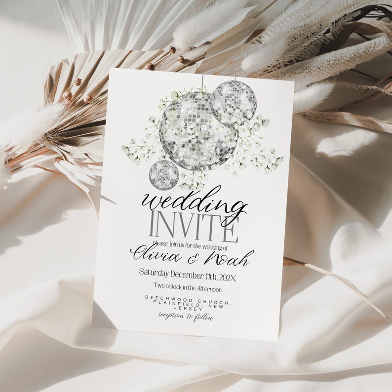 Editable Glitter Ball and Gypsophilia Wedding Invitation, Mirror Disco ...