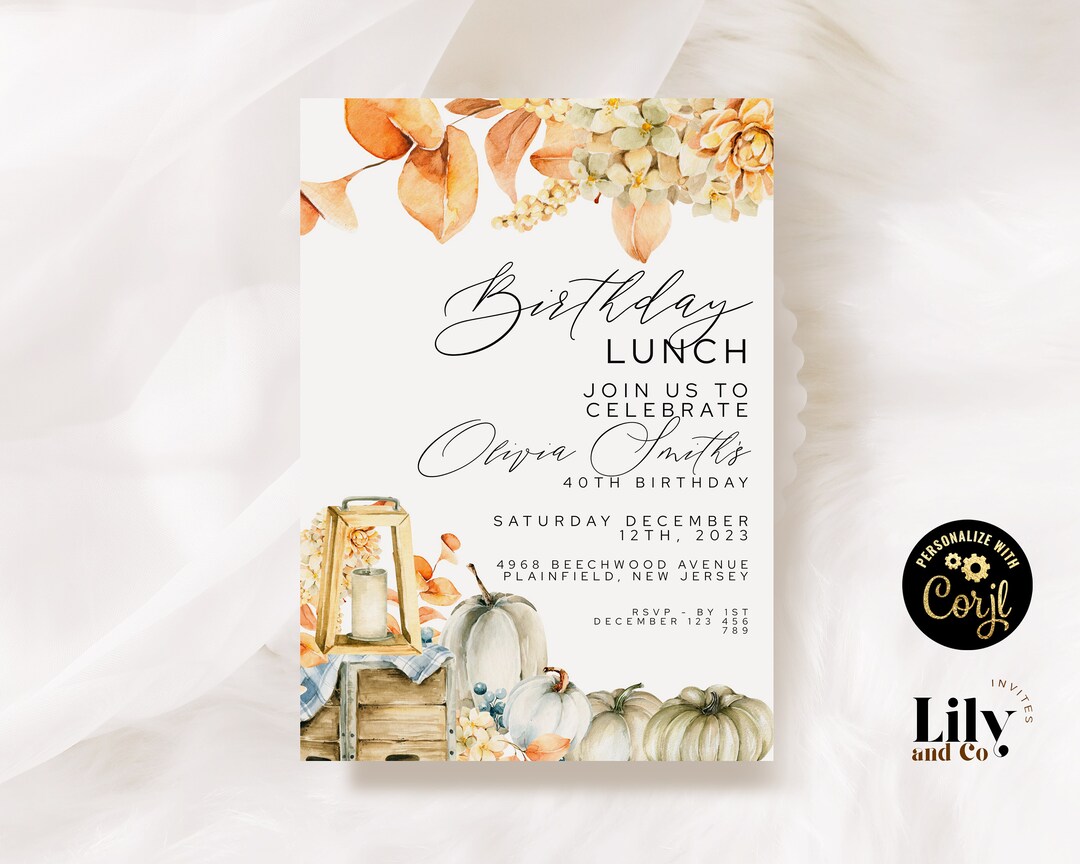 Editable Pumpkin Birthday Lunch Invitation Fall Autumn Invite Template ...