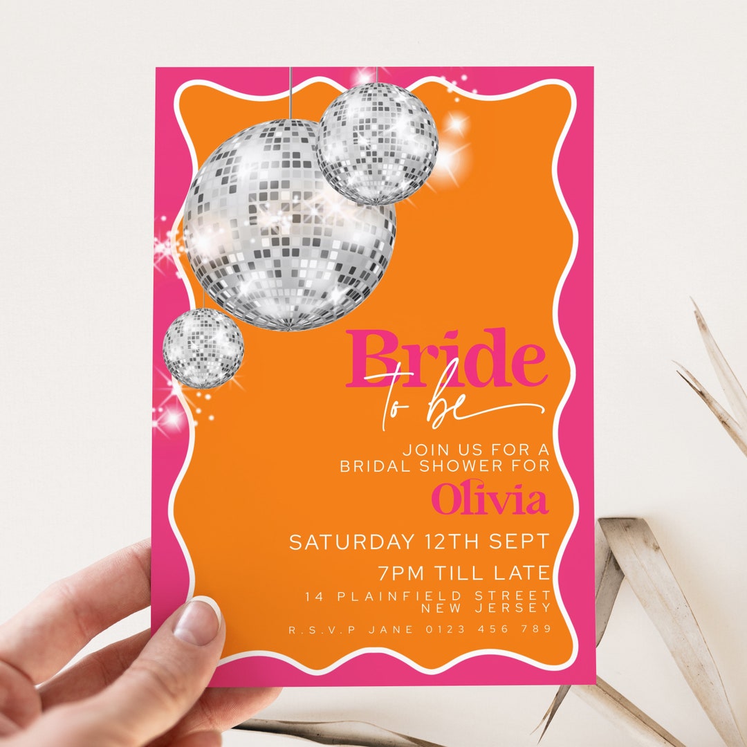 Pink Orange Disco Ball Bridal Shower Invitations Retro Glitter Ball ...