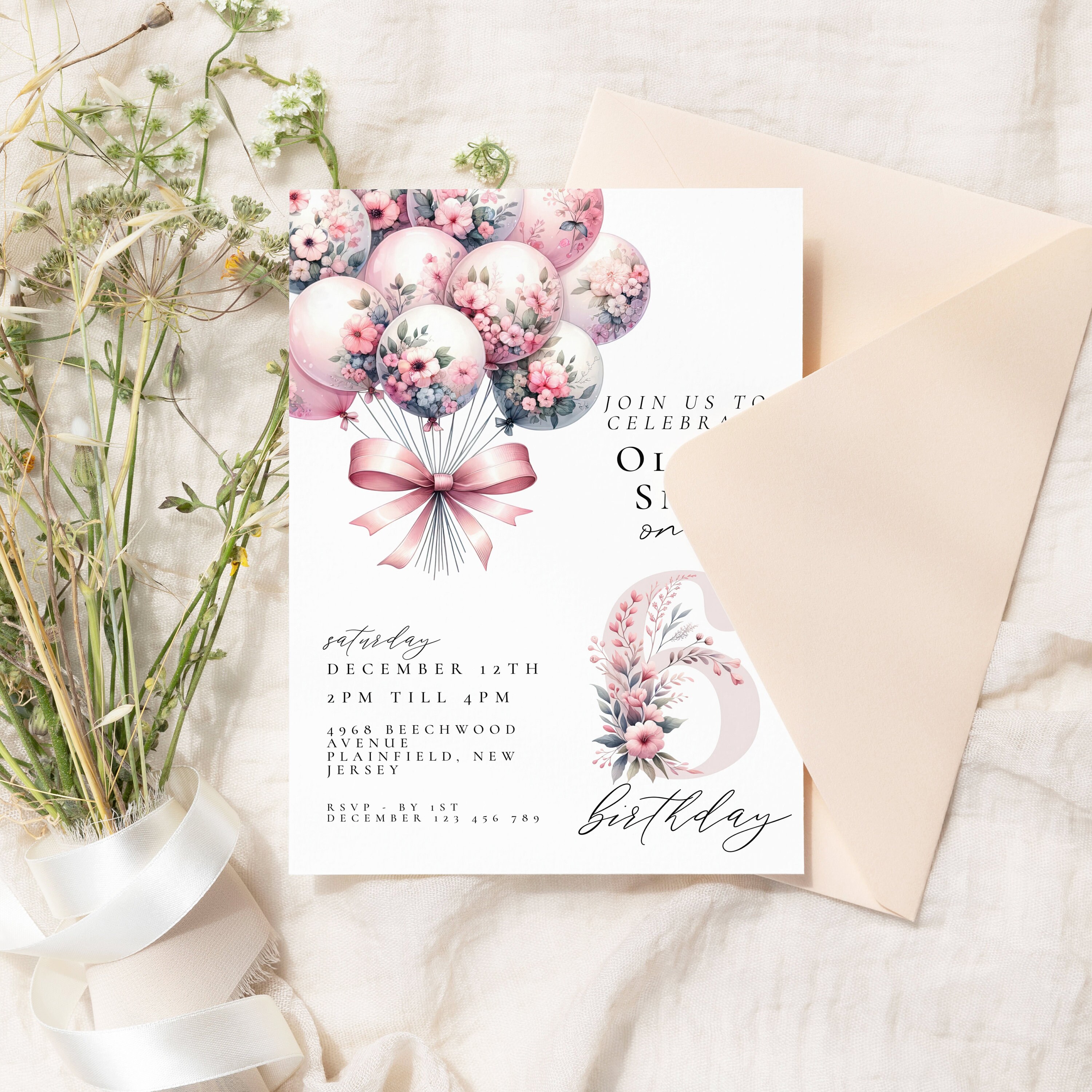 Editable Whimsical 6th Birthday Invitation Pink Balloons Printable Six ...