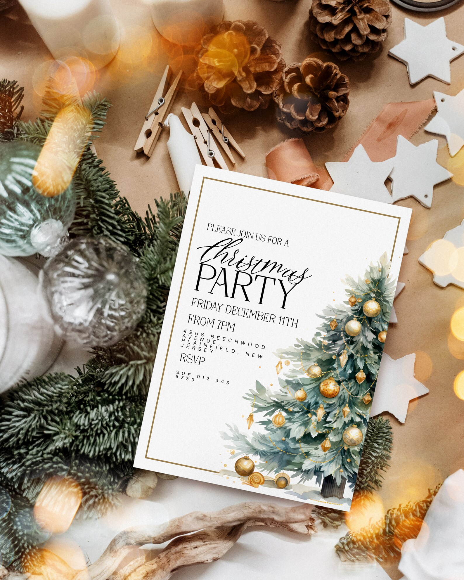 Gold Christmas Tree Party Invitation Editable Template Party - Etsy