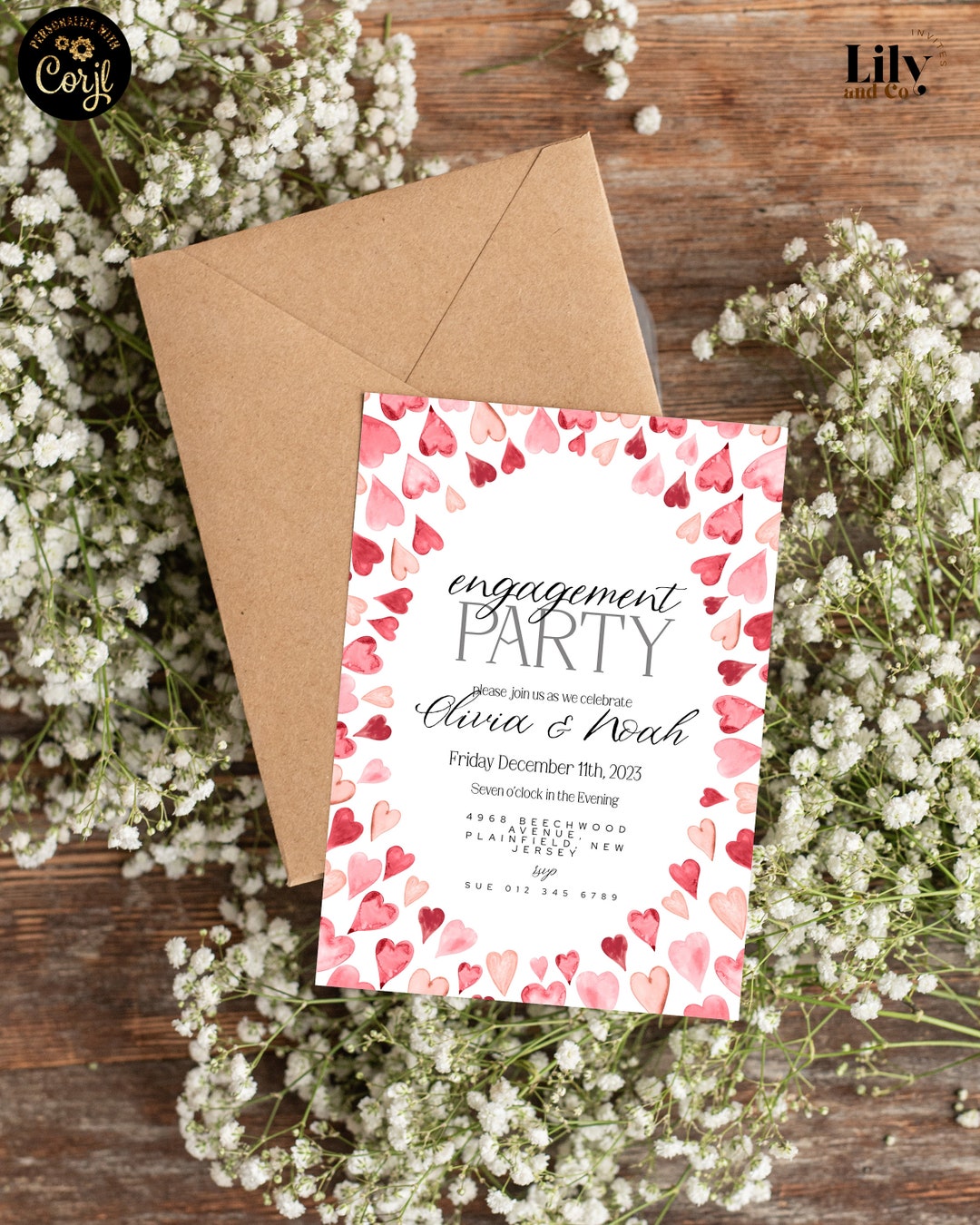 Editable Pink Engagement Party Invitation, Pink and Red Heart Invite ...