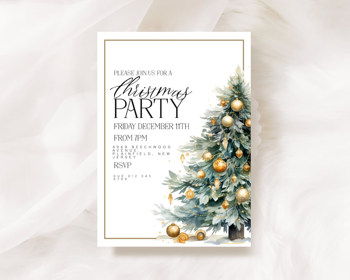 Gold Christmas Tree Party Invitation Editable Template Party - Etsy