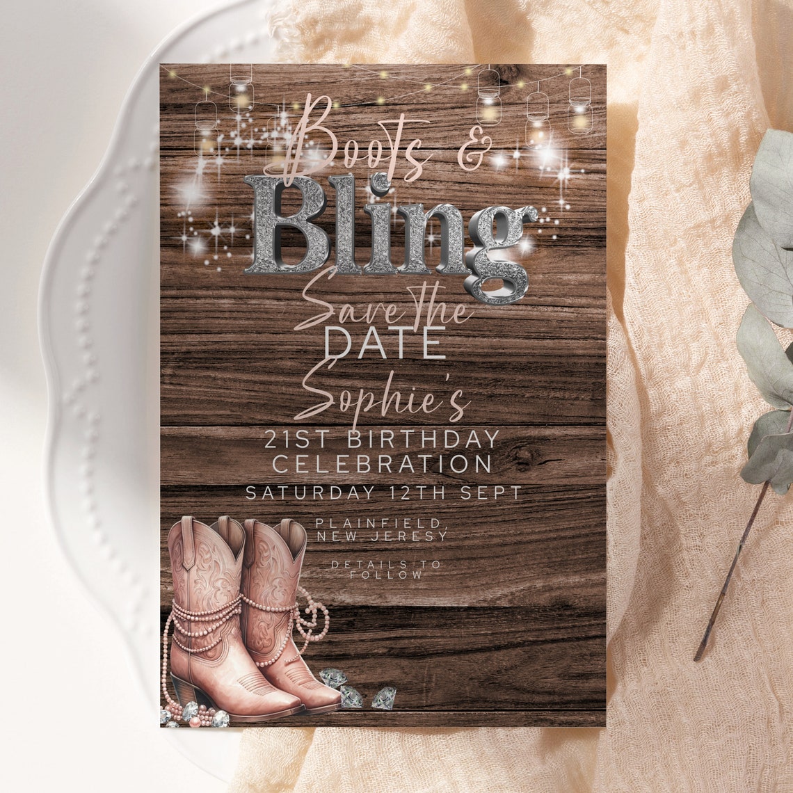 Editable Rustic Cowgirl Birthday Invitation, Printable Rose Gold Boots Bling Birthday Invitation ...