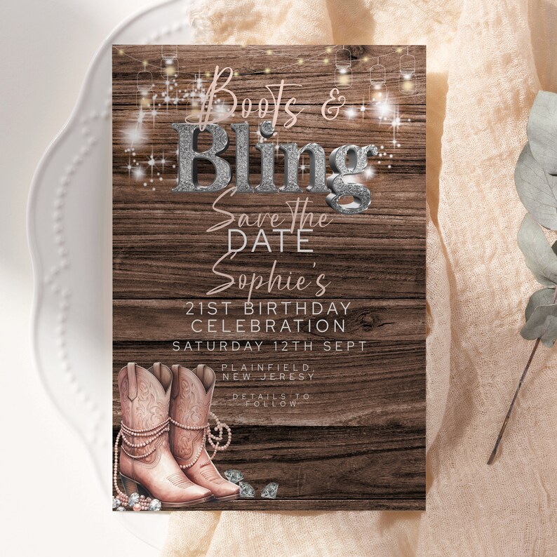 Editable Rustic Cowgirl Birthday Invitation, Printable Rose Gold Boots ...