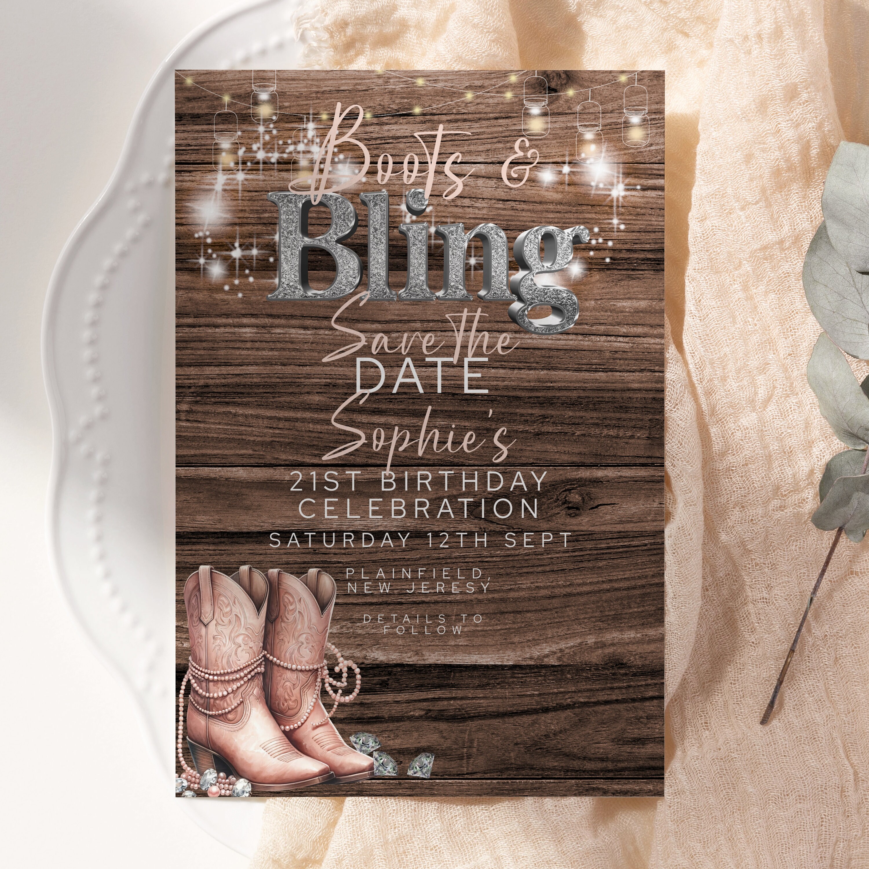 Editable Rustic Cowgirl Birthday Invitation, Printable Rose Gold Boots Bling Birthday Invitation ...