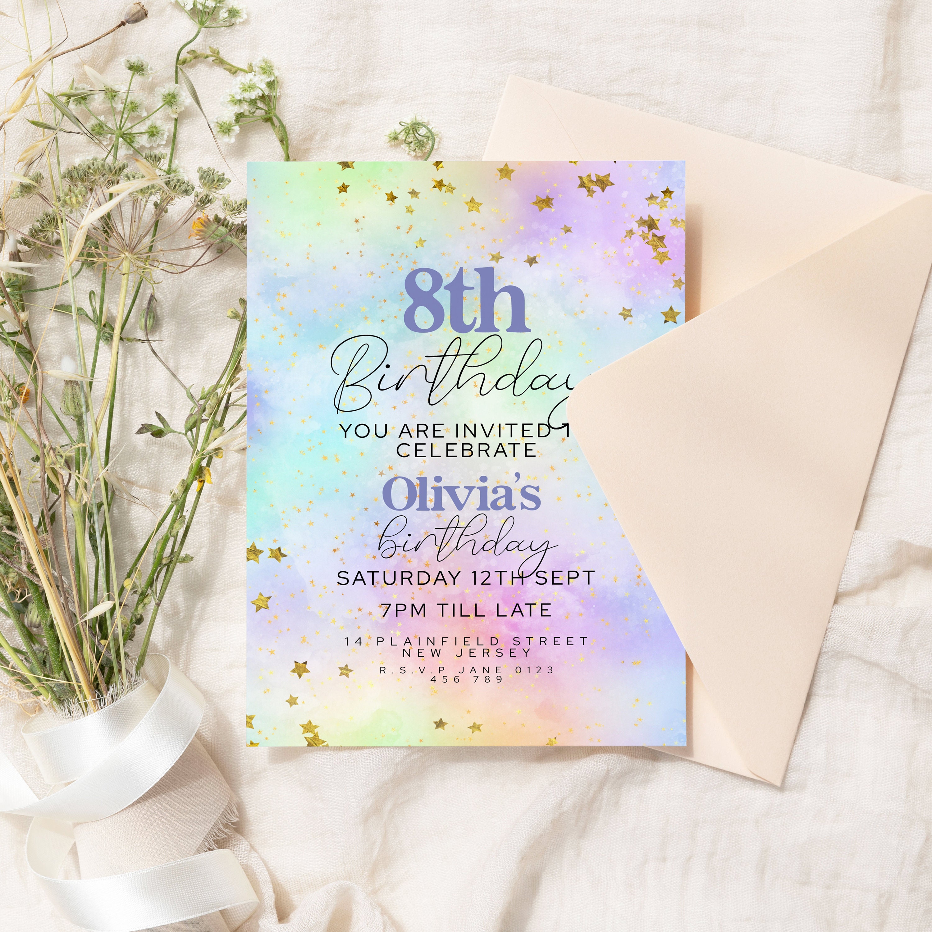 Editable 8th Birthday Invitation Pastel Rainbow Printable Eighth ...