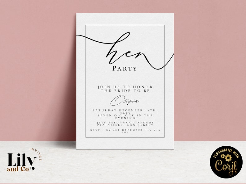 Hen Party Invite Instant Download Corjl Elegant Hen Party Modern Hen ...