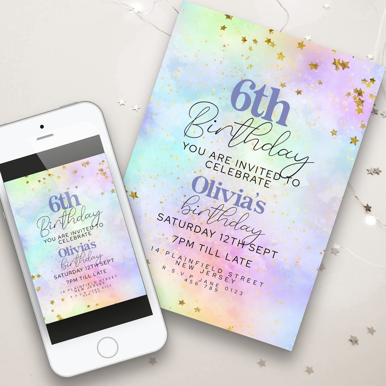 Editable 6th Birthday Invitation Watercolour Pastel Rainbow Printable ...