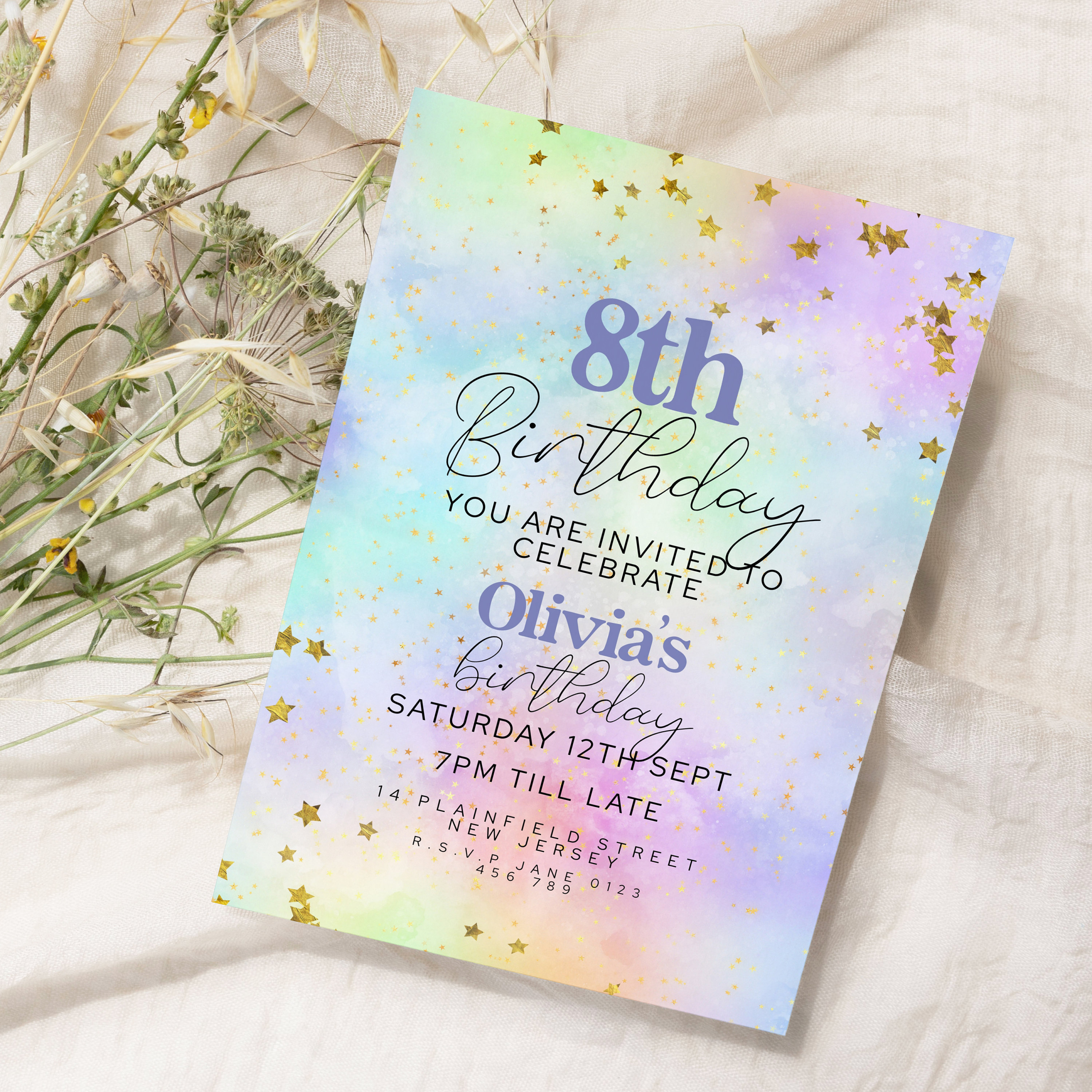 Editable 8th Birthday Invitation Pastel Rainbow Printable Eighth ...