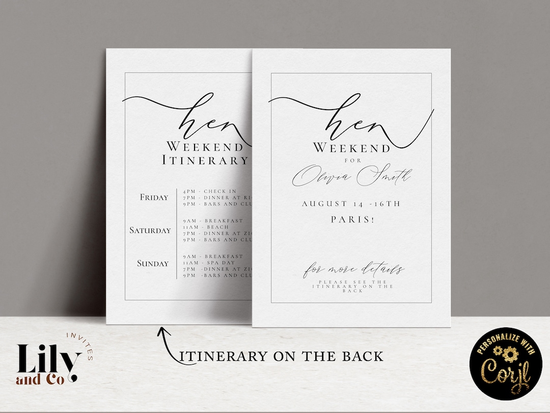 Editable Hens Weekend Itinerary Invite Simple Elegant Modern ...