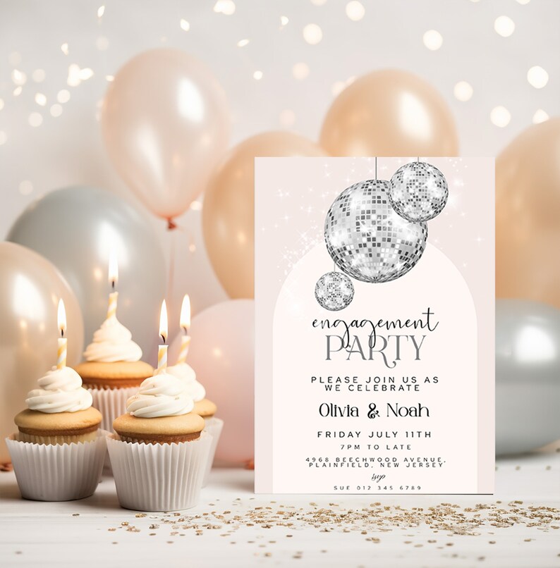 Glitter Ball Engagement Invite Editable Disco Engagement Party ...