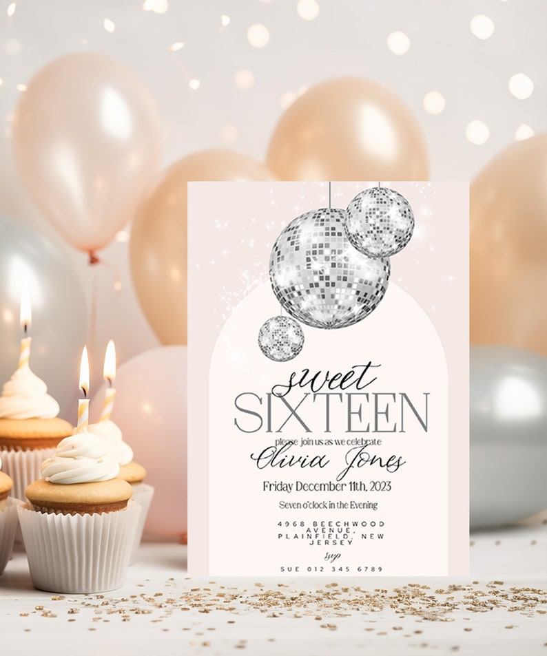 Sweet 16 Birthday Invite Blush Glitter Ball Sweet Sixteen Party ...