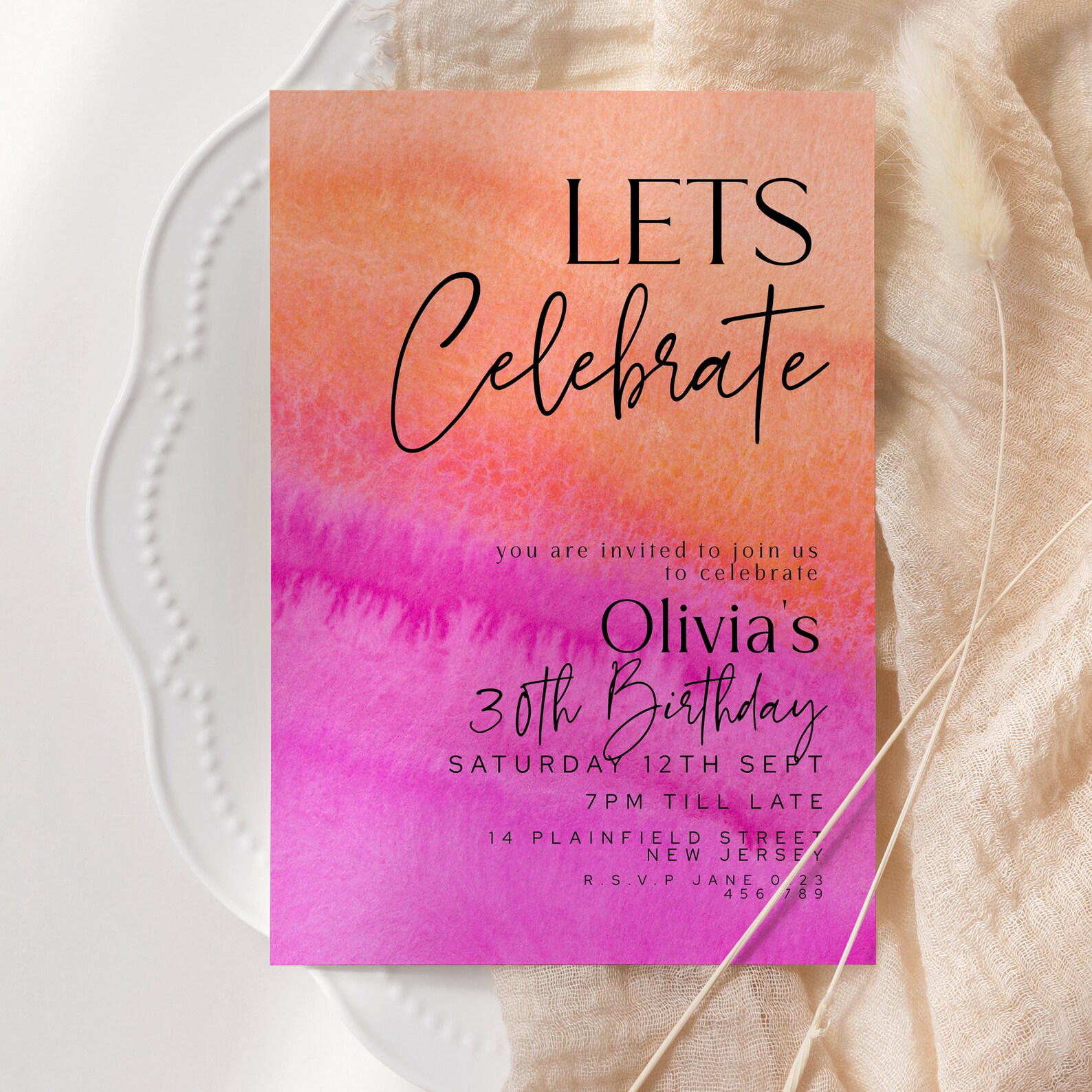 Hot Pink and Orange Invitation Editable Watercolour 30th Birthday Party ...