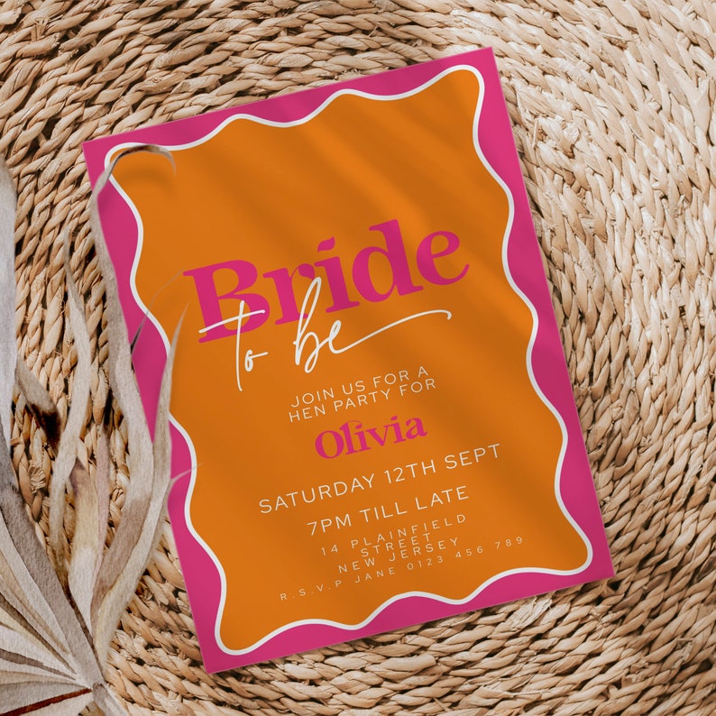 Retro Pink Orange Hen Party Invitations Retro Modern Editable Invite ...