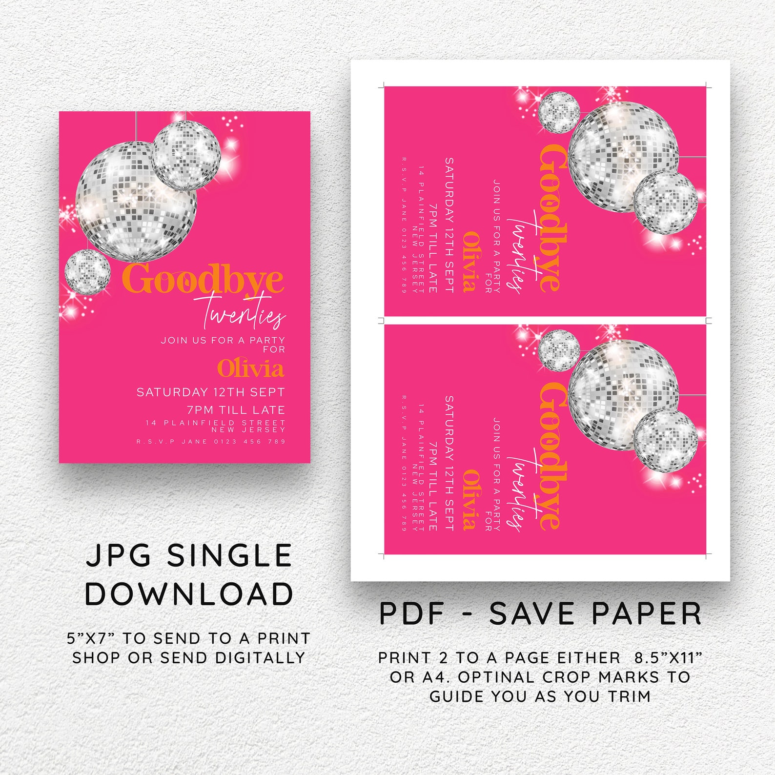 Goodbye Twenties Birthday Invite Disco Ball Hot Pink Orange 30th Party ...