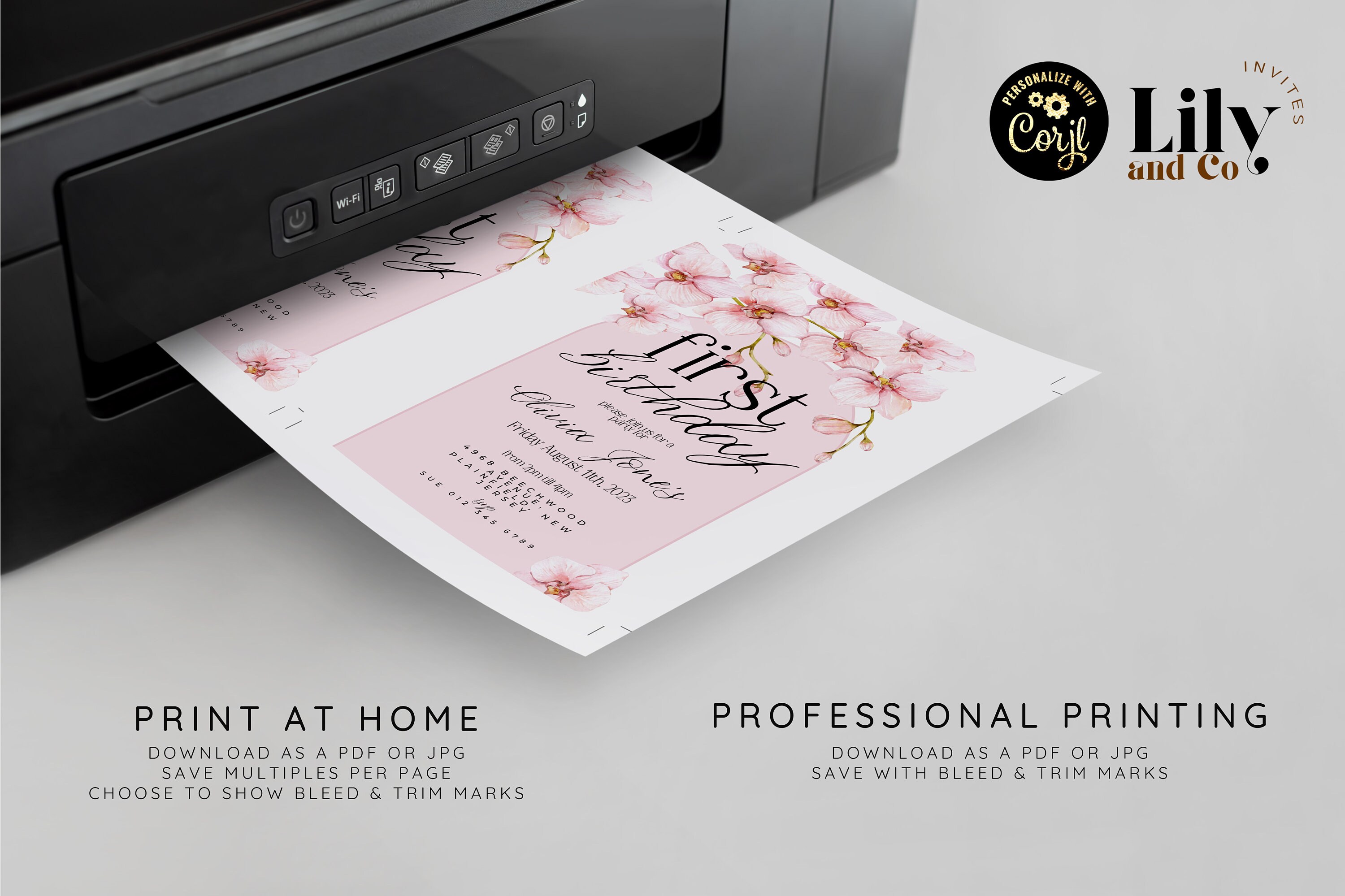 Pink Orchid First Birthday Invitation Tropical Spring Invite Template ...