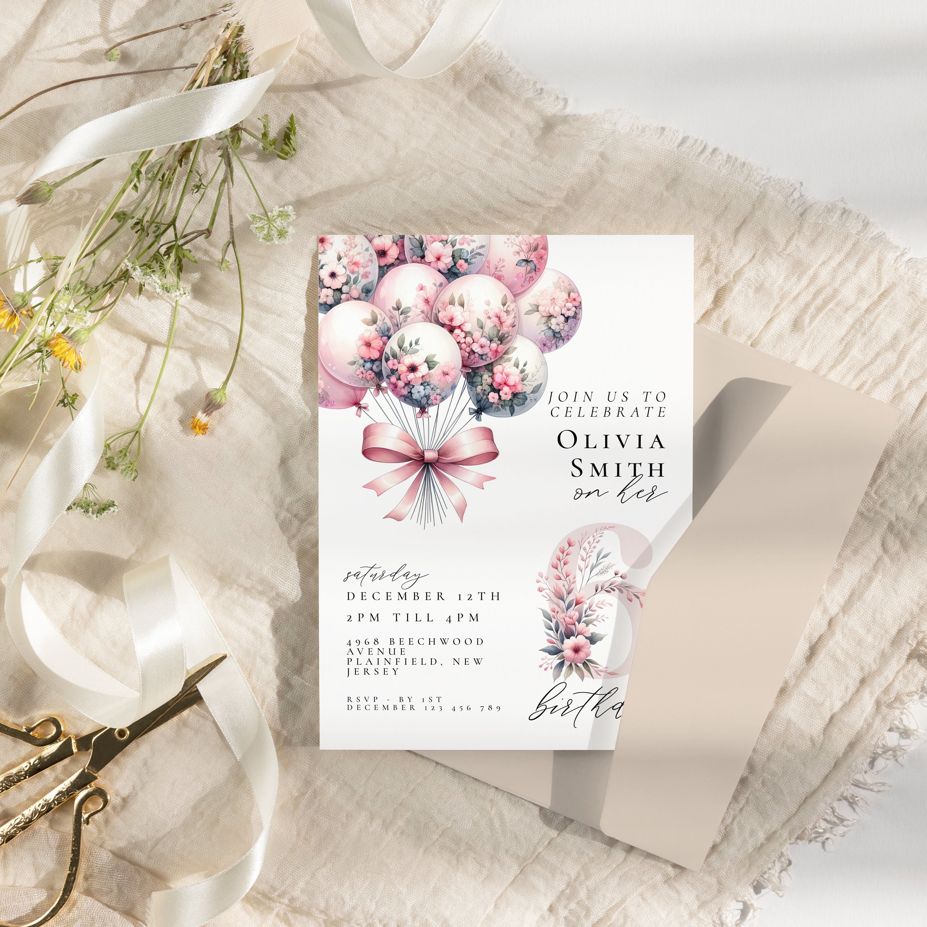 Editable Whimsical 6th Birthday Invitation Pink Balloons Printable Six ...