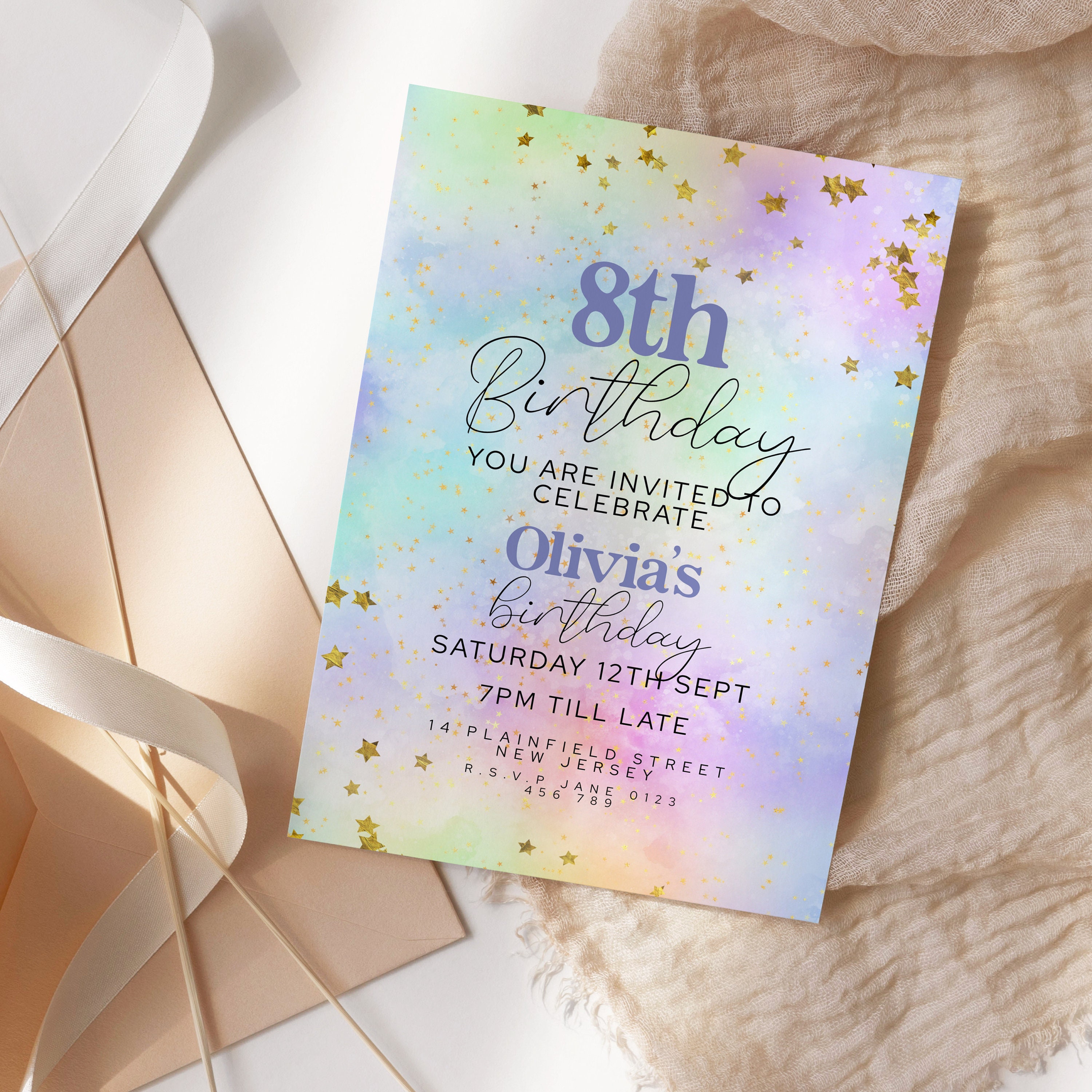 Editable 8th Birthday Invitation Pastel Rainbow Printable Eighth ...