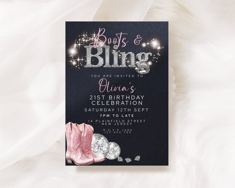 Boots and Bling Invitation Cowboy Boots Birthday Invite Glitter Ball ...