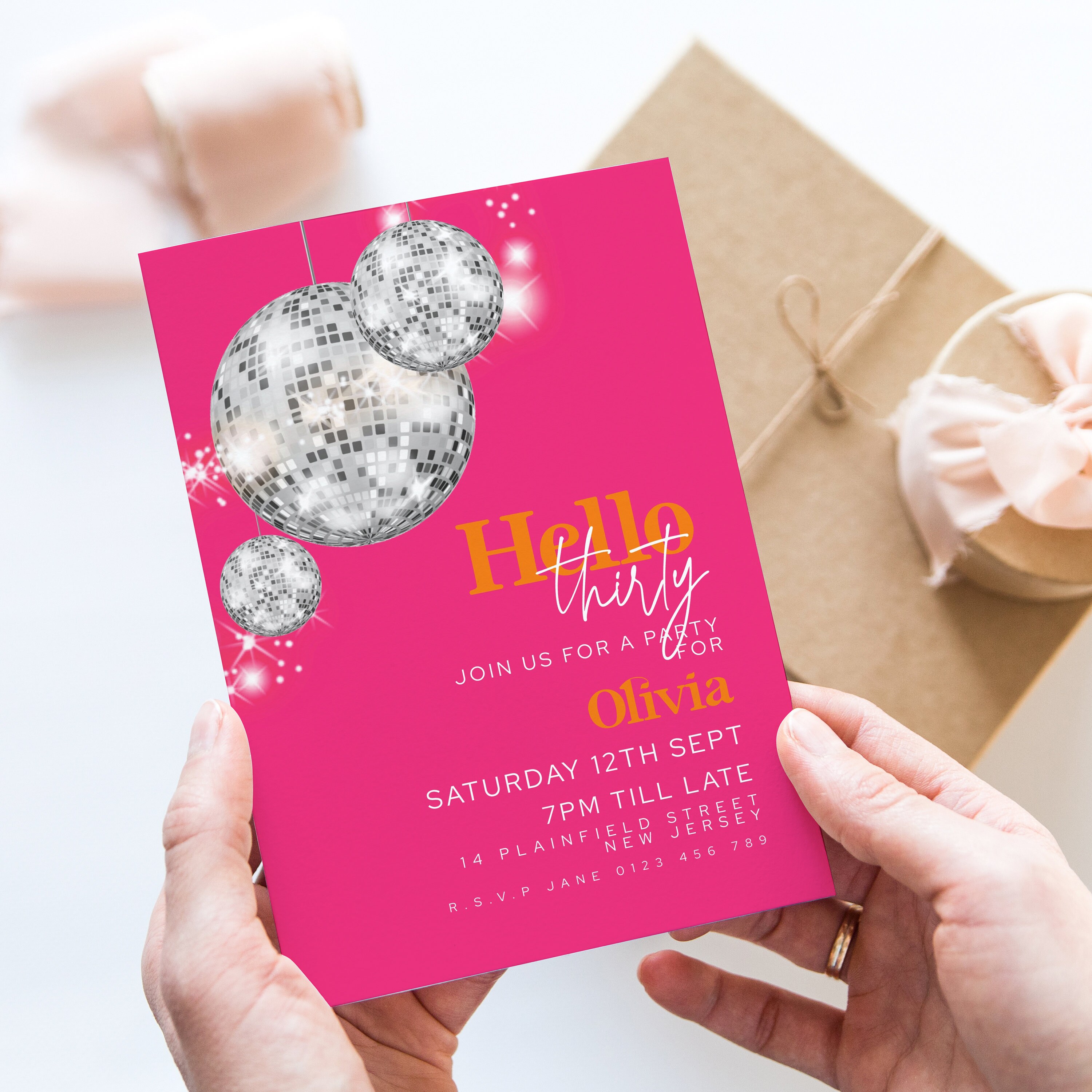 Hot Pink 30th Birthday Invite Disco Ball Hot Pink Orange Hello 30 Party ...
