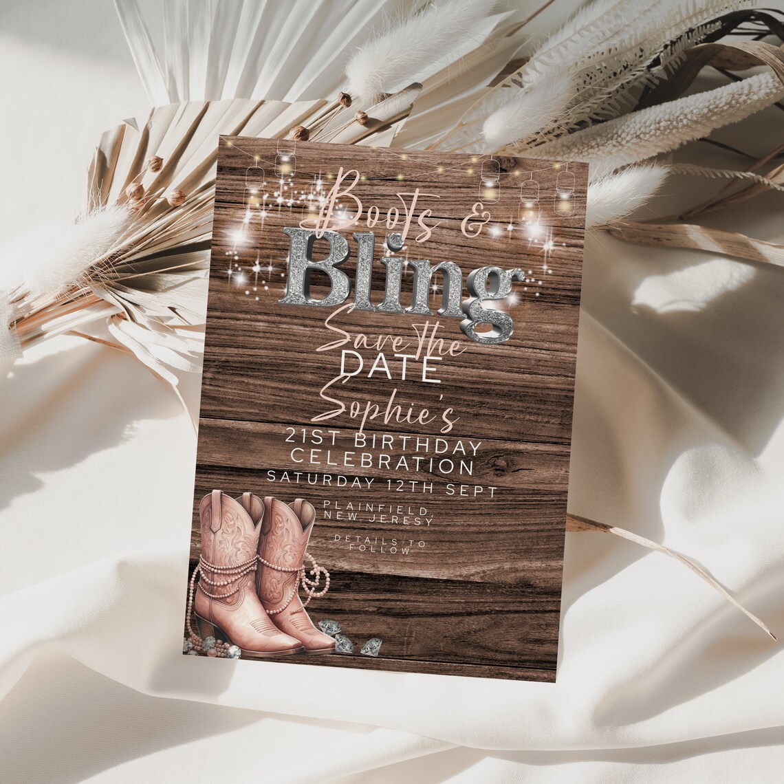 Editable Rustic Cowgirl Birthday Invitation, Printable Rose Gold Boots ...