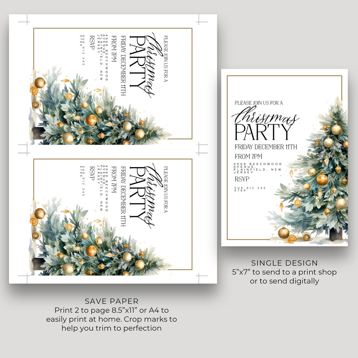 Gold Christmas Tree Party Invitation Editable Template Party - Etsy