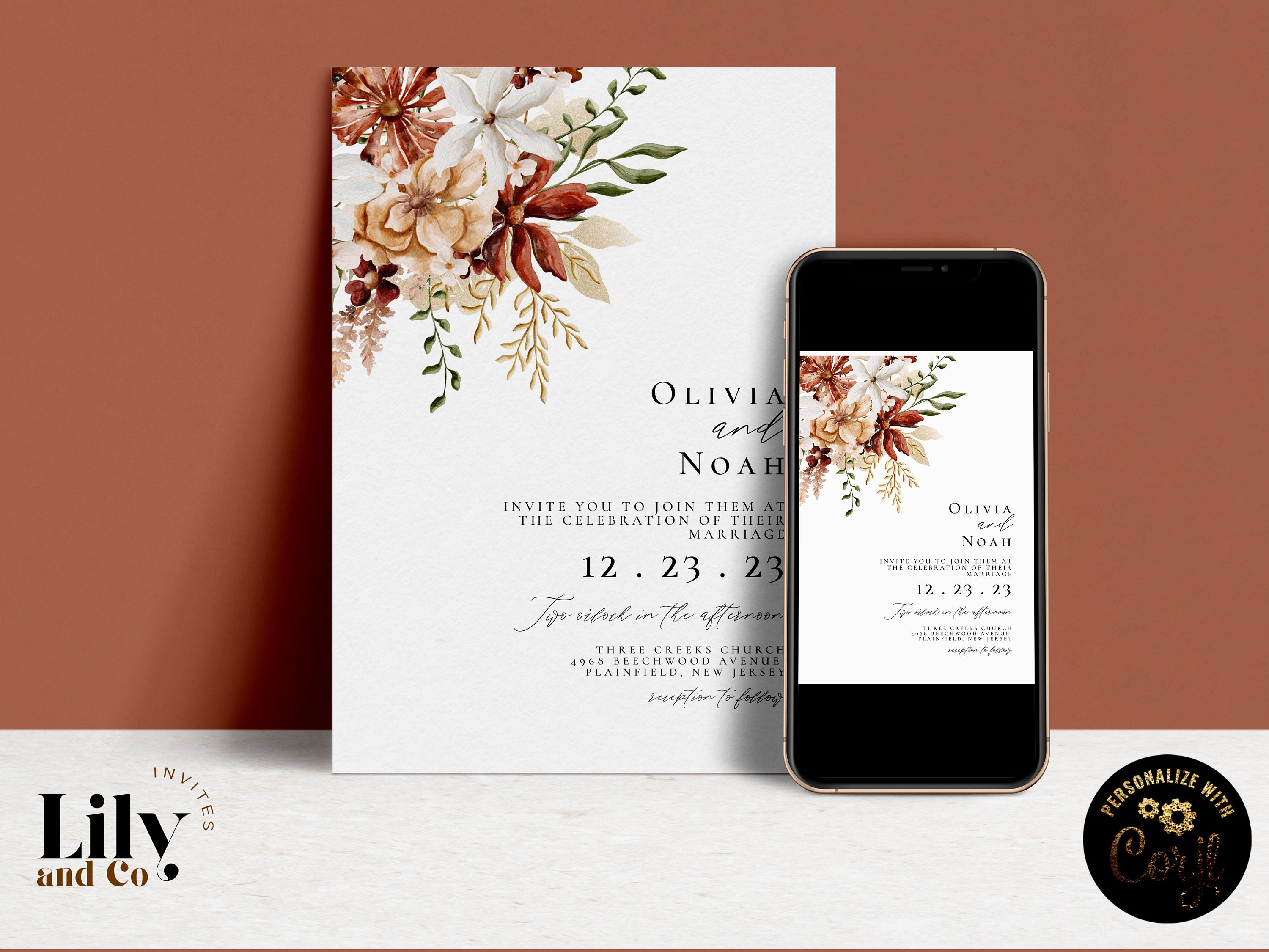 Terracotta Wedding Invitation Template Set Boho Floral Wedding Invite ...