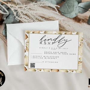 Printable QR Code RSVP Card Template Boho Wedding Response Pampas RSVP Editable Template Digital ...
