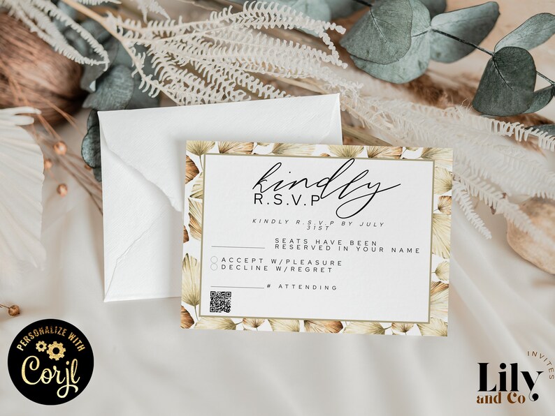 Printable QR Code RSVP Card Template Boho Wedding Response Pampas RSVP ...
