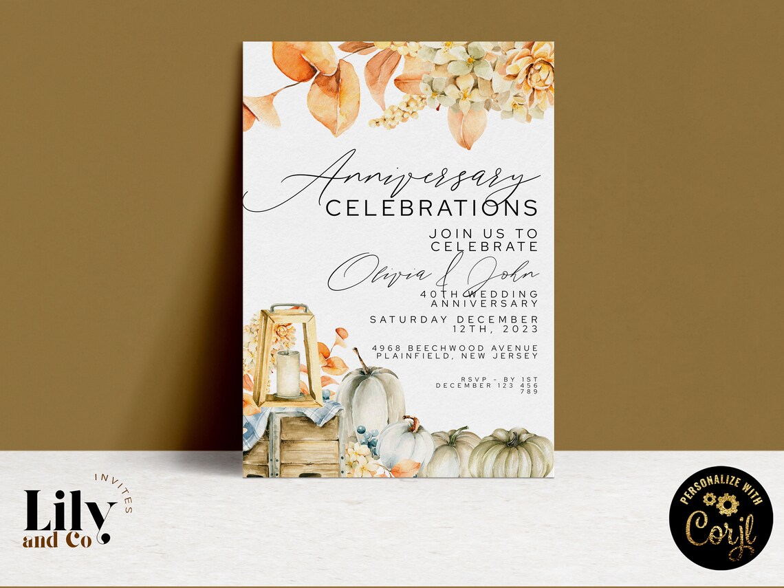 Wedding Anniversary Invitation Fall Pumpkin Party Invite 30th 40th 50th ...